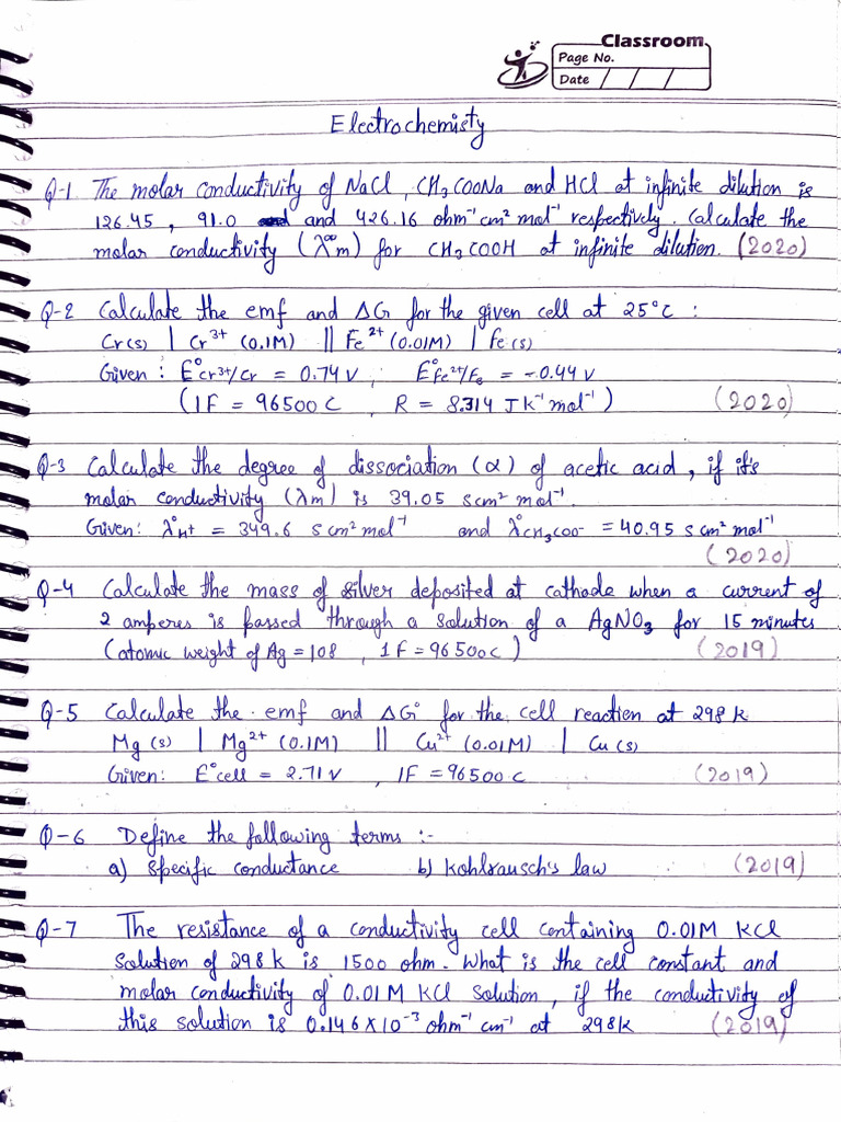 Electrochemistry PYQ's | PDF