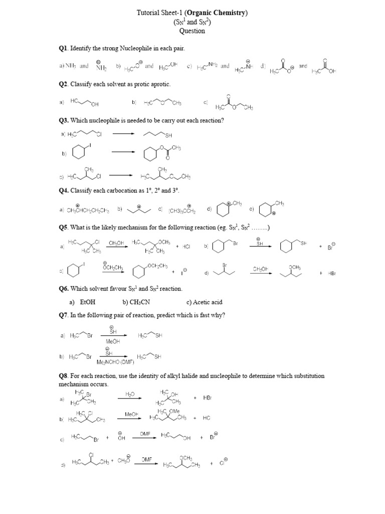 Tutorial Sheet CY-101 - SN1 and SN2 - Question | PDF