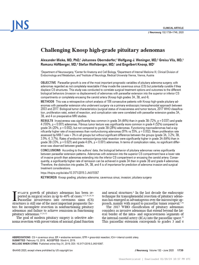 Challenging Knosp High-Grade Pituitary Adenomas 2020 | PDF