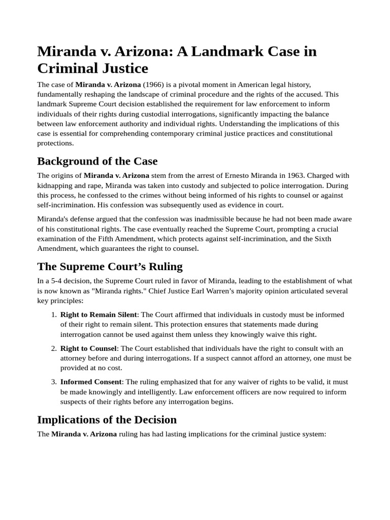 Miranda v. Arizona: A Landmark Case in Criminal Justice | PDF