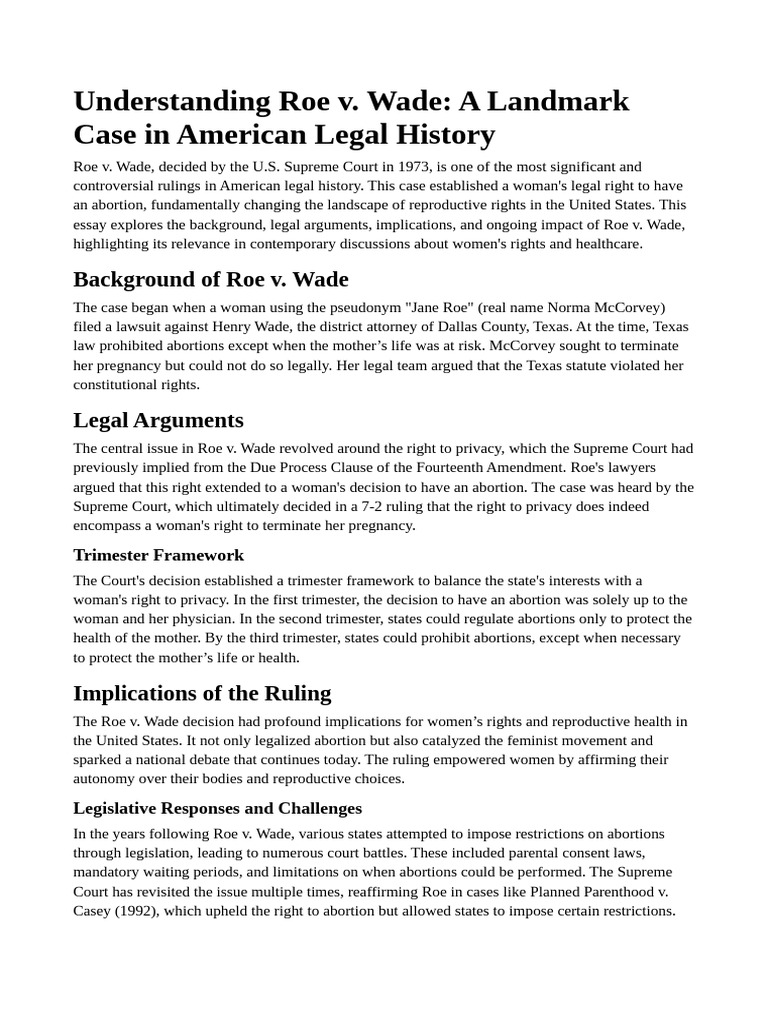 Understanding Roe v. Wade: A Landmark Case in American Legal History | PDF