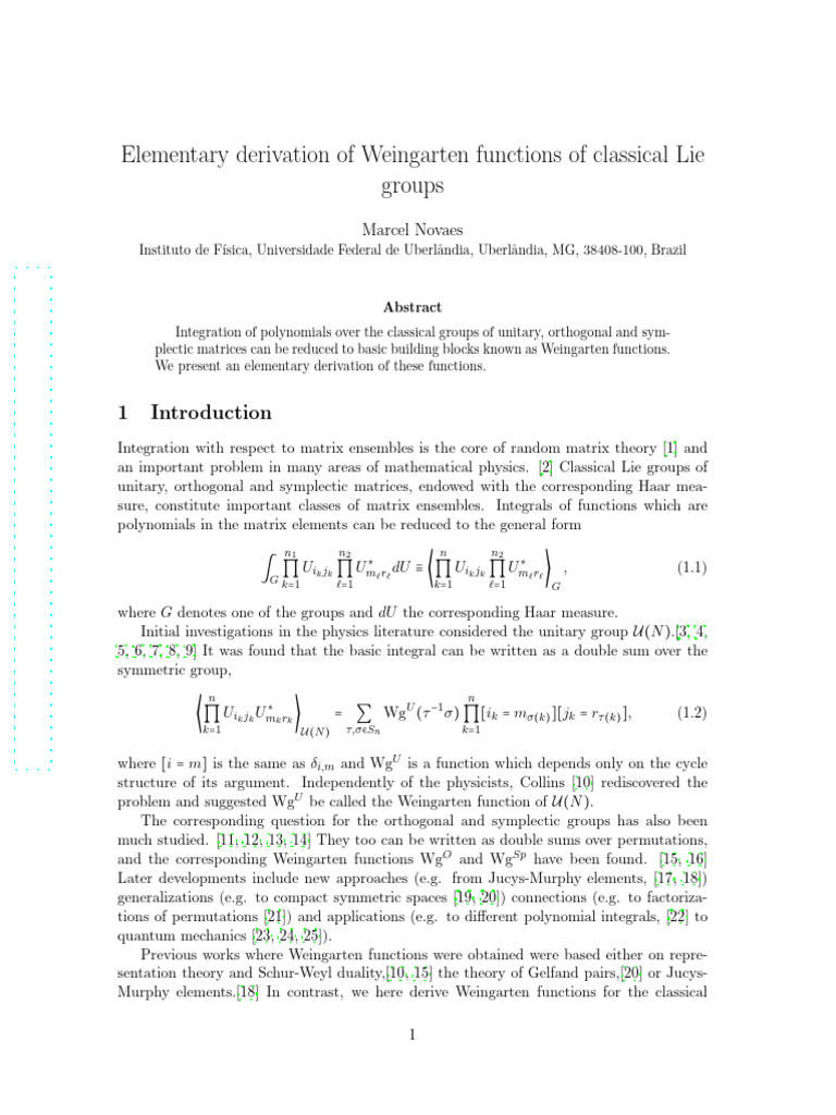 Elementary Derivation of Weingarten Functions of Classical Lie Groups | PDF