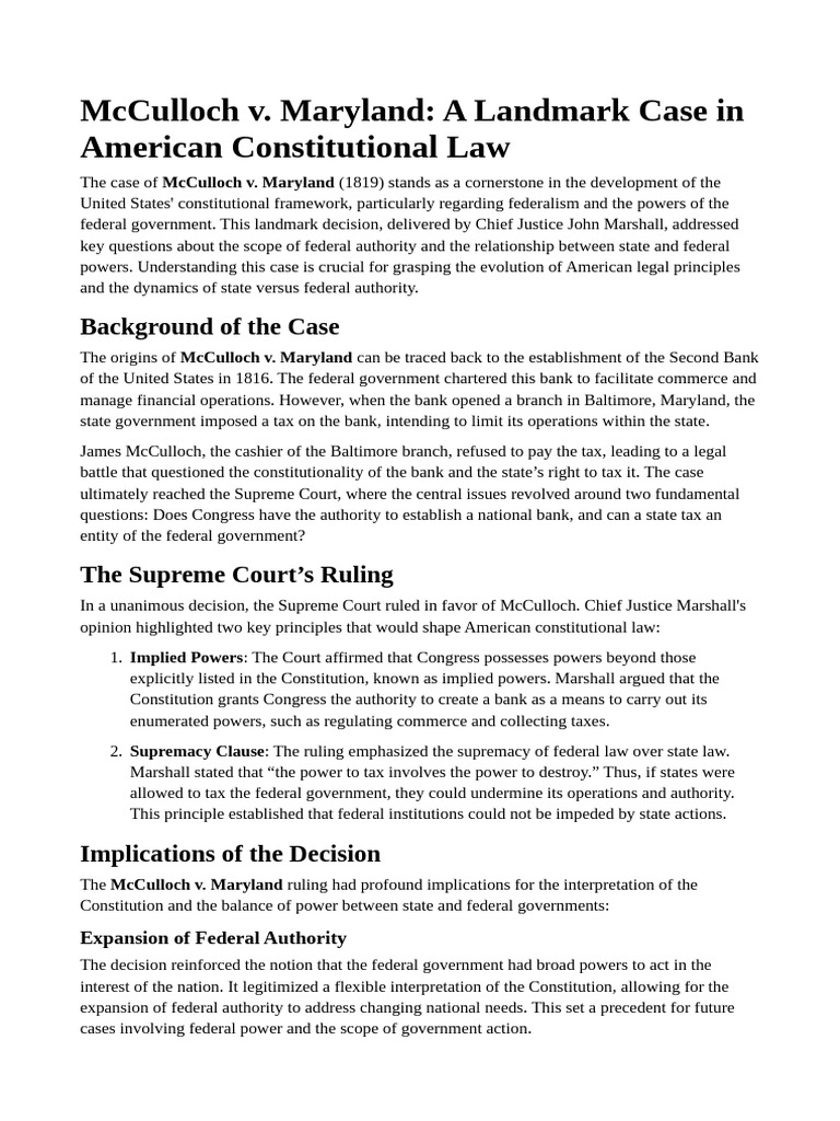 McCulloch v. Maryland: A Landmark Case in American Constitutional Law | PDF