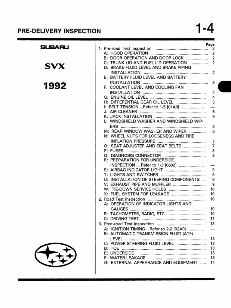 Subaru SVX 1-4 Pre-Delivery Inspection | PDF | Brake | Technology ...