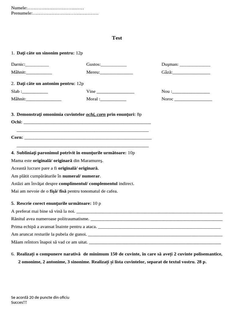 Test Formativ Categorii Semantice Si Fonetica | PDF