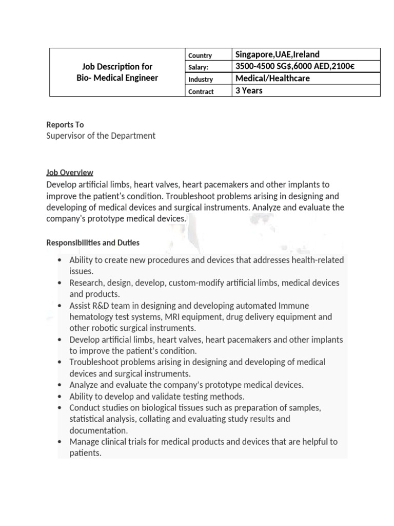Bio-Medical Engineer-Job Description | PDF | Medical Device ...