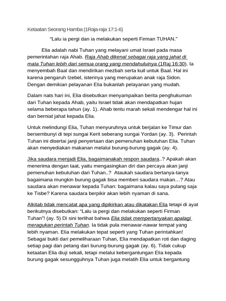 KOTBAH Ketaatan Seorang Hamba ELIA | PDF