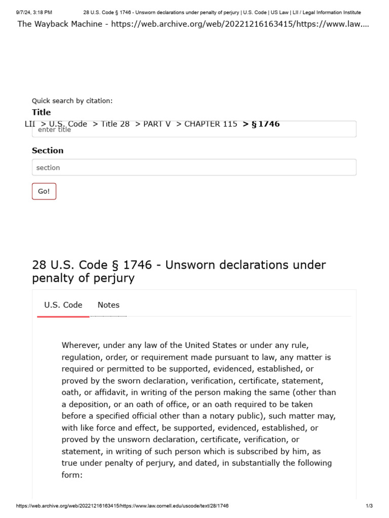 28 U.S. Code 1746 - Unsworn Declarations Under Penalty of Per - Jury ...