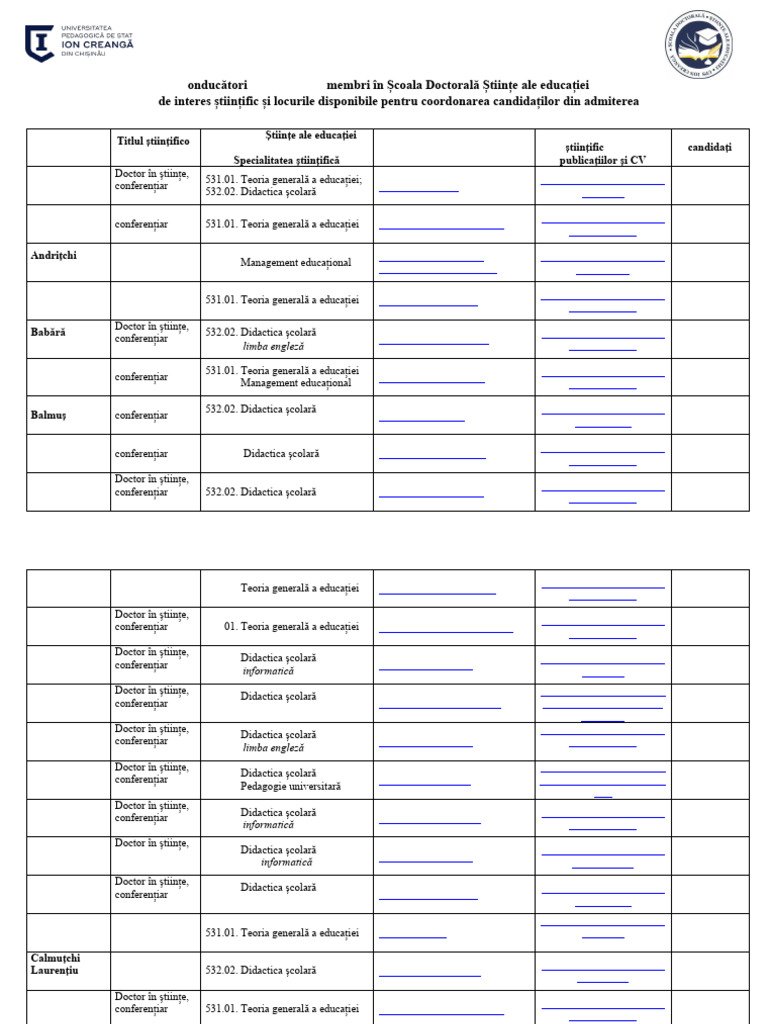 Conducatori Doctorat SDSE Admitere 2024 | PDF