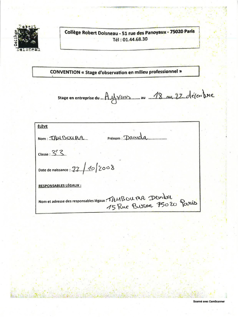 Convention de Stage de Daouda Tamboura Signé ALD | PDF