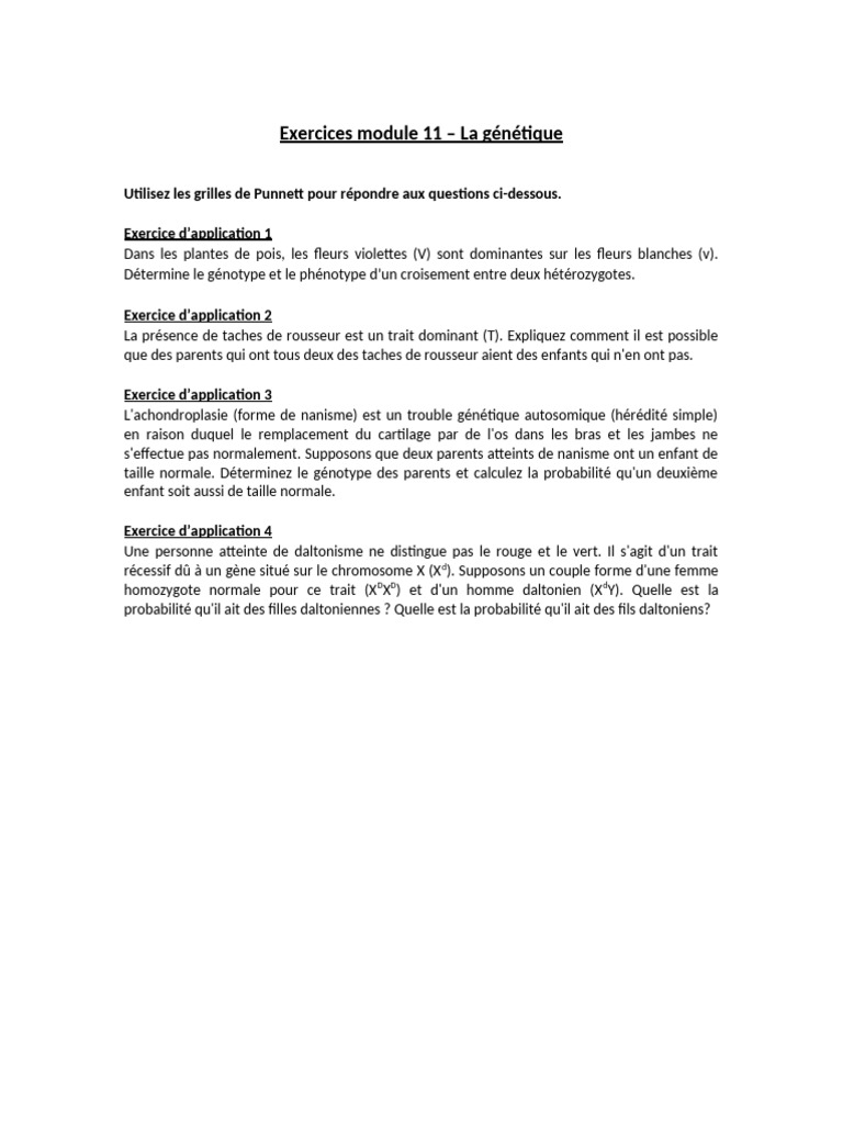 Semaine 12 Grilles de Punnett - Exercices | PDF