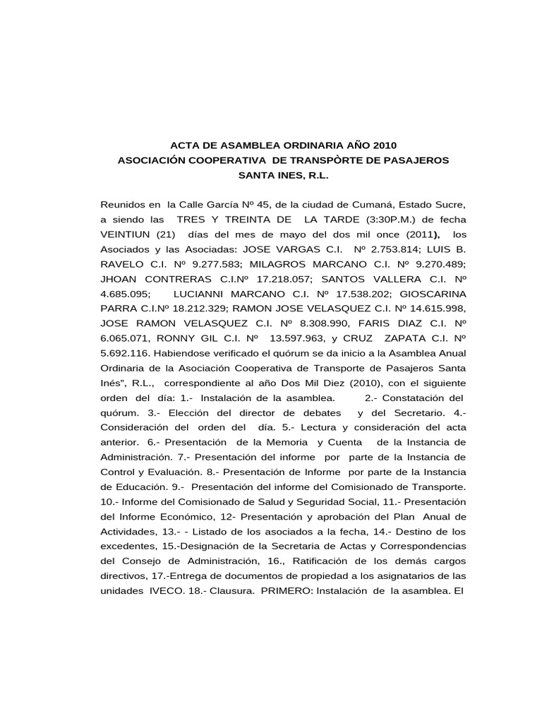 Acta de Asamblea Ordinaria Cooperativa | PDF Acta de Asamblea Ordinaria Cooperativa | PDF