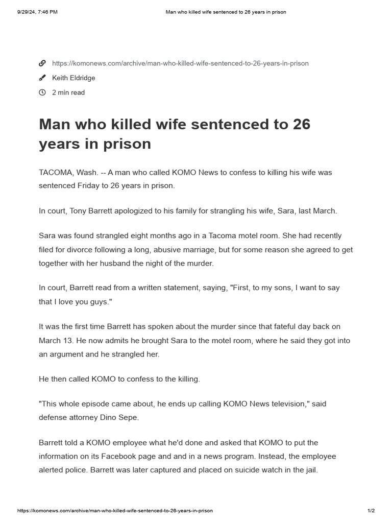 Man Who Killed Wife Sentenced To 26 Years in Prison | PDF