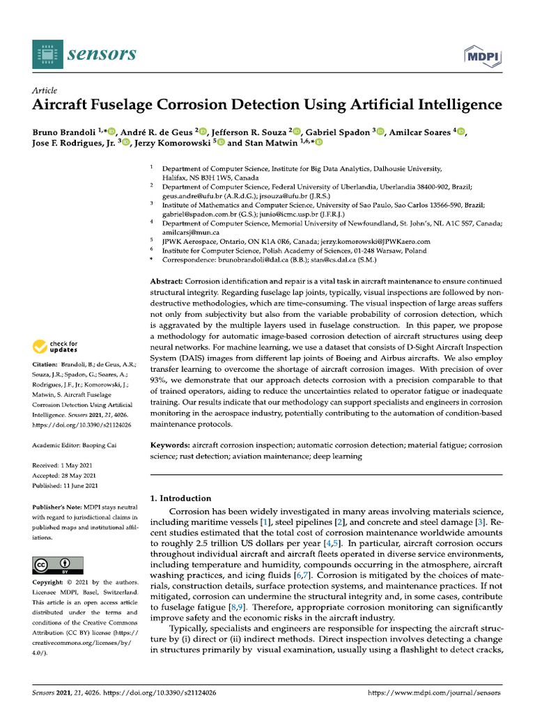 Aircraft Fuselage Corrosion Detection Using Artificial Intelligence | PDF
