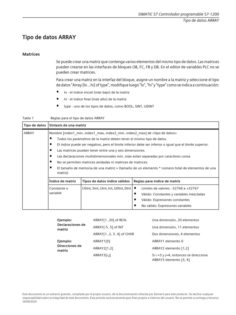SIMATIC S7 Controlador Programable S7-1200 - Tipo de Datos ARRAY | PDF