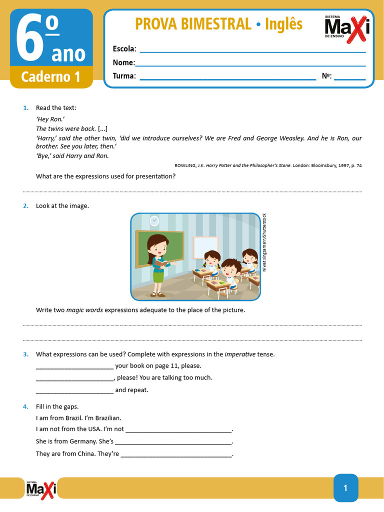 Língua Inglesa 6º Ano Caderno 1 2020 | PDF