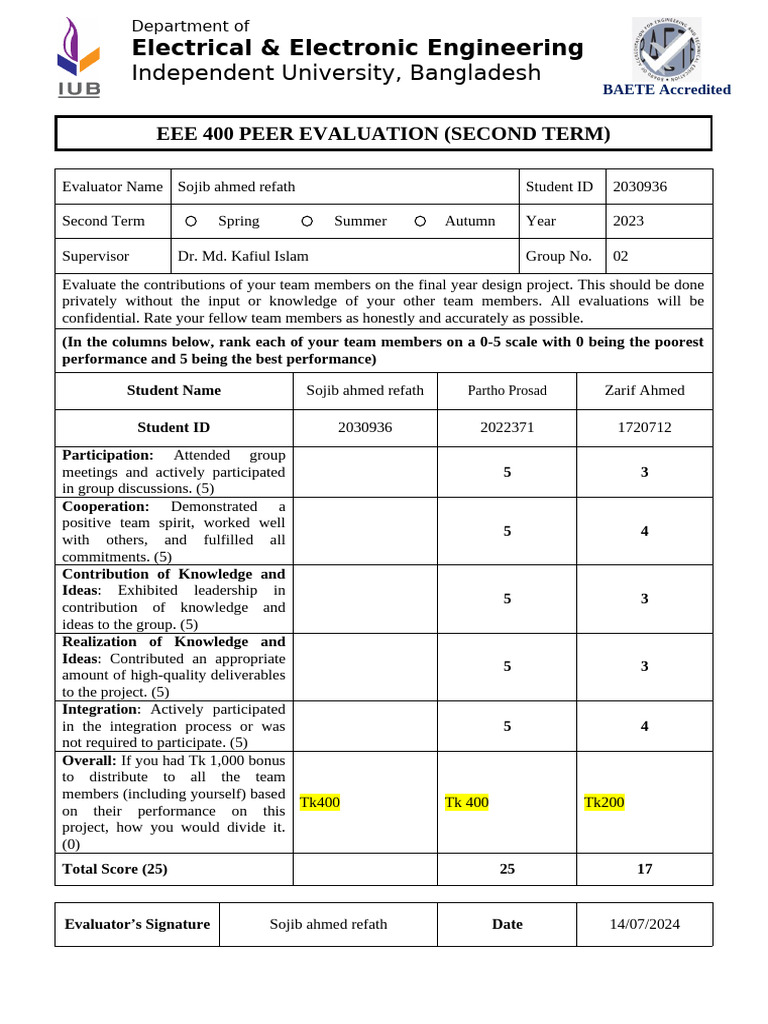 EEE - 400 - Peer - Evaluation - Form (2nd Term) | PDF