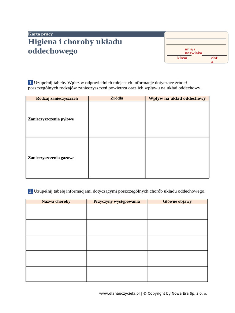 Higiena I Choroby Ukladu Oddechowego Karta Pracy | PDF