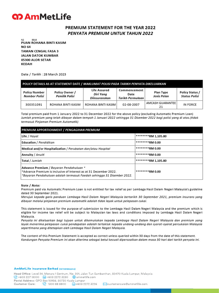 Premium Statement 2022 | PDF