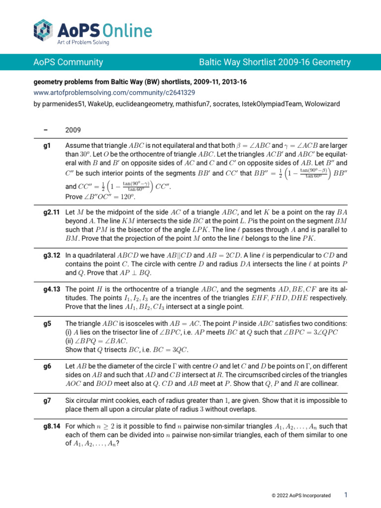 Aops Community Baltic Way Shortlist 2009-16 Geometry | PDF