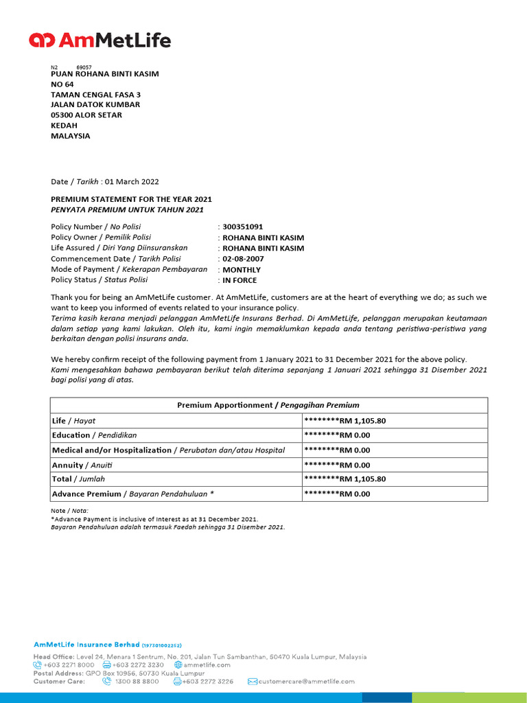 Premium Statement 2021 | PDF