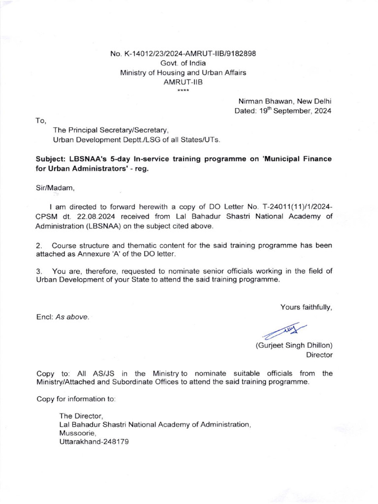 Letter On LBSNAA's Training Programme | PDF