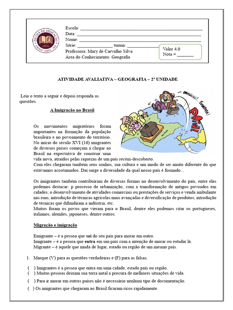 Atividade Avaliativa de Geografia 2 Unidade | PDF Atividade Avaliativa de Geografia 2 Unidade | PDF