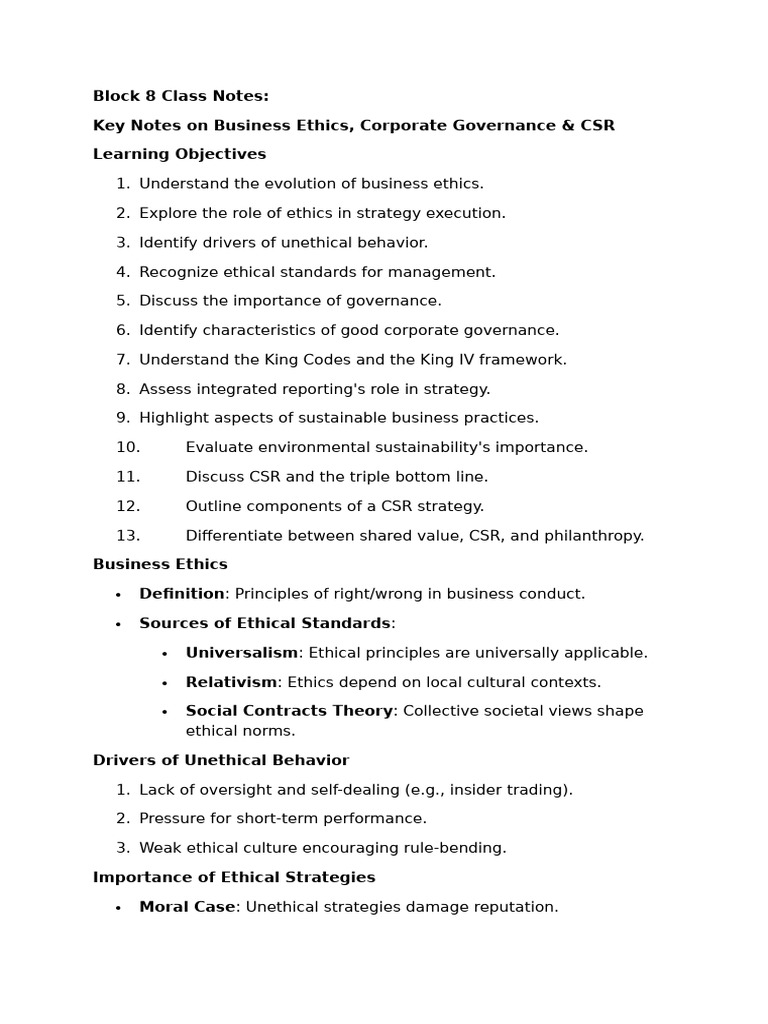 Block 8 Class Notes - Part 2 | PDF | Corporate Social Responsibility ...
