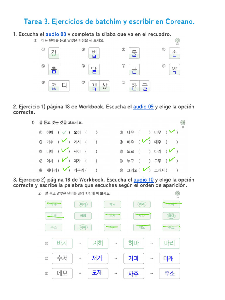 Coreano 0 Tarea 3 Ejercicios de Workbook 2 | PDF