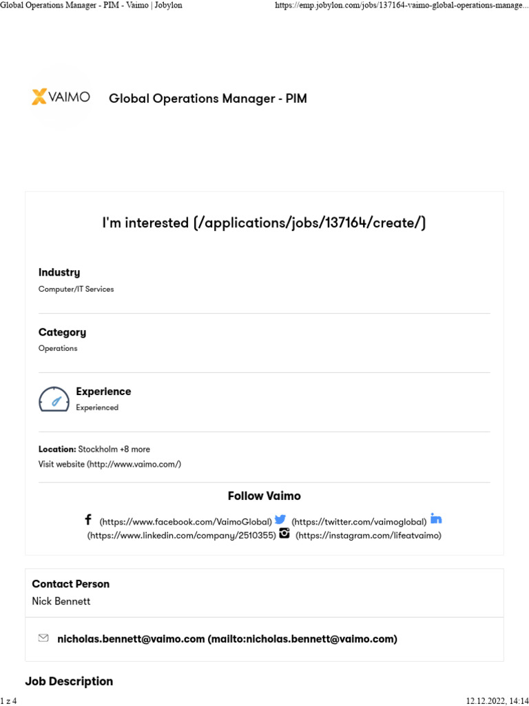 Global Operations Manager - PIM - Vaimo Jobylon | PDF