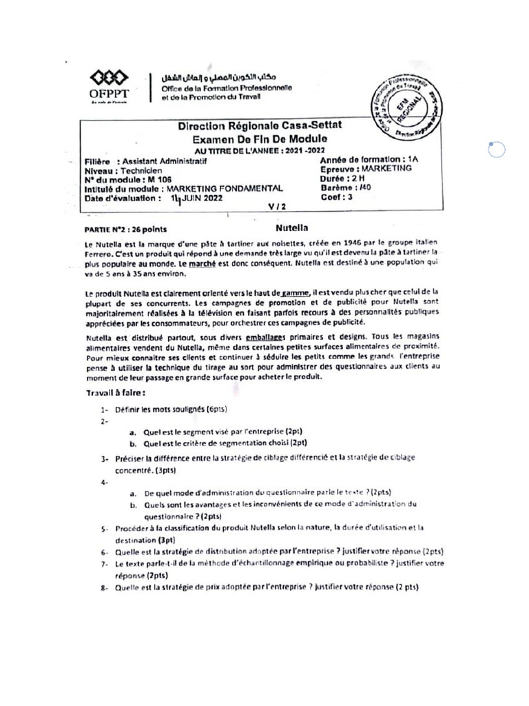 Corrigé EFM Régional Marketing Casa Settat 2022 | PDF