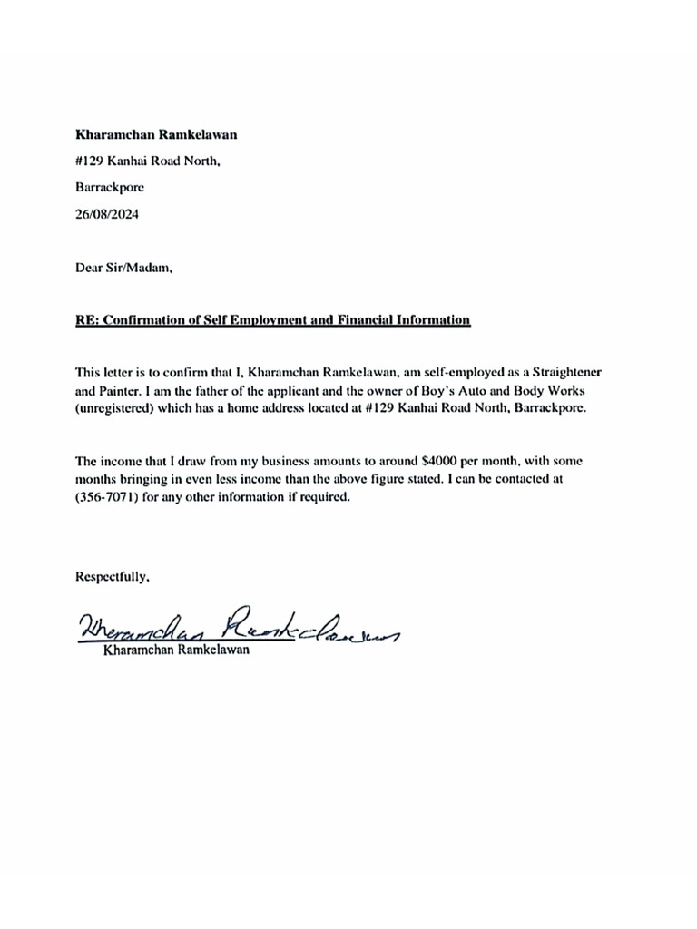 Letter of Self Employment (Signed) | PDF