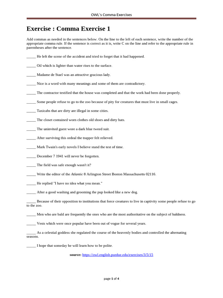 Comma Exercises 1-5 | PDF