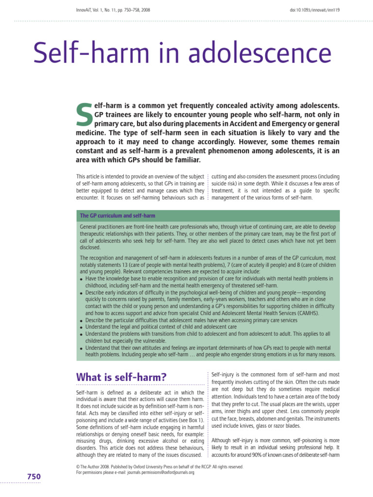 Shiner 2008 Self Harm in Adolescence | PDF