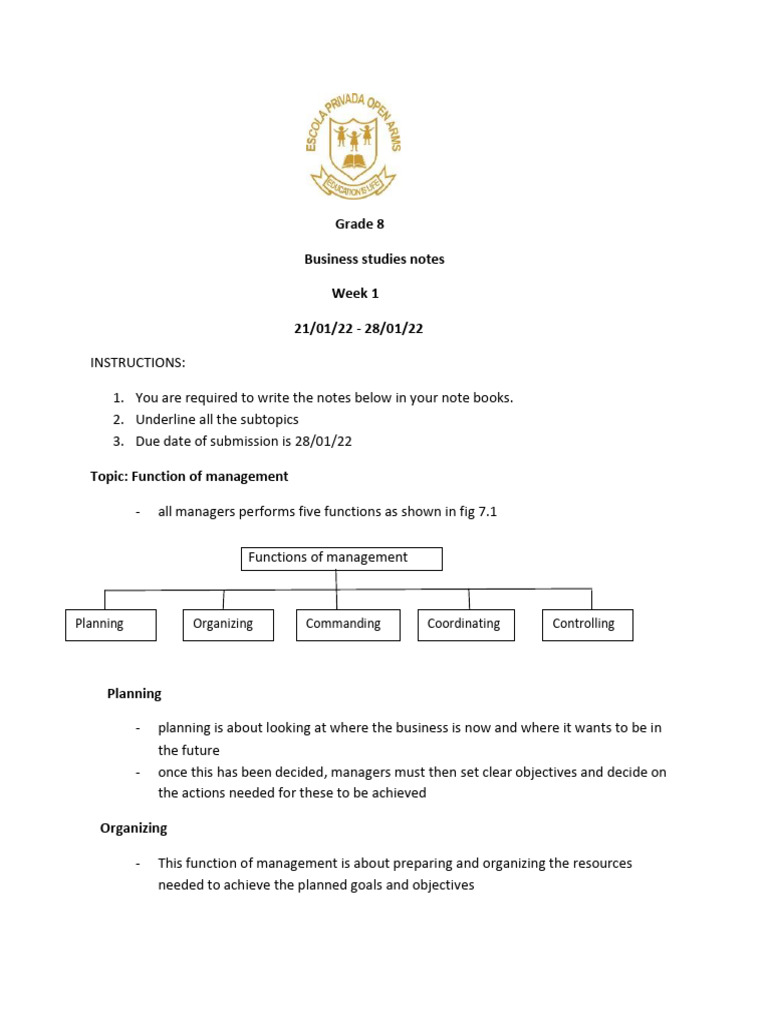Grade 8 Business Studies Notes Week 1 | PDF