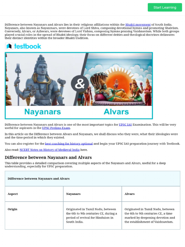 Difference Between Nayanars and Alvars UPSC Notes - Download PDF | PDF