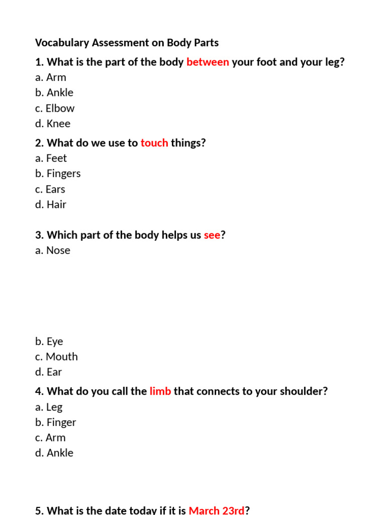 Vocabulary Assessment On Body Part1 New | PDF | Foot | Language Arts ...