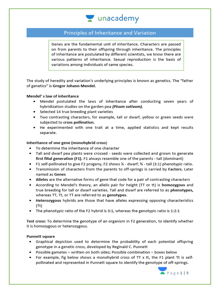 Formula Sheet Principles of Inheritance and Variation | PDF
