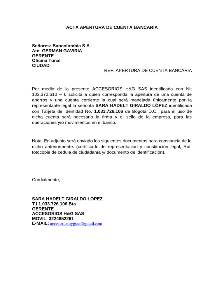 Acta Apertura Cuenta Bancaria | PDF