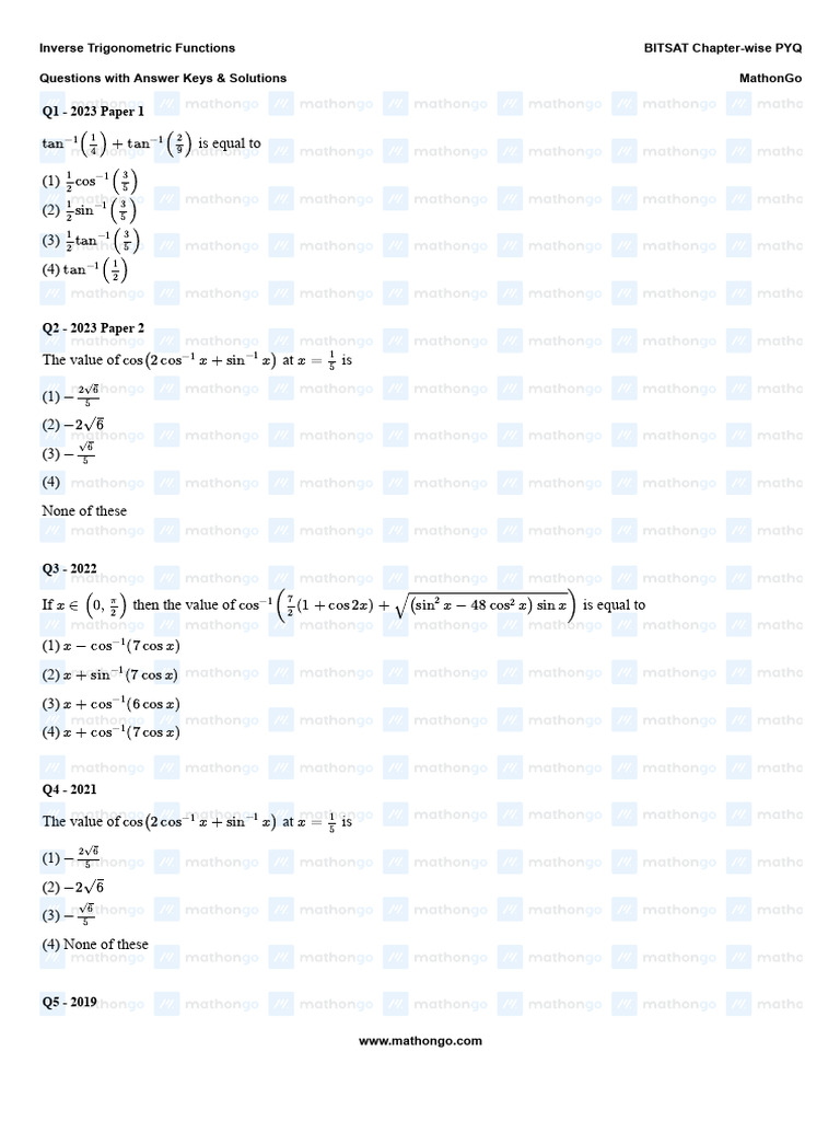 Pyq Inverse Trigonometric Functions Pdf