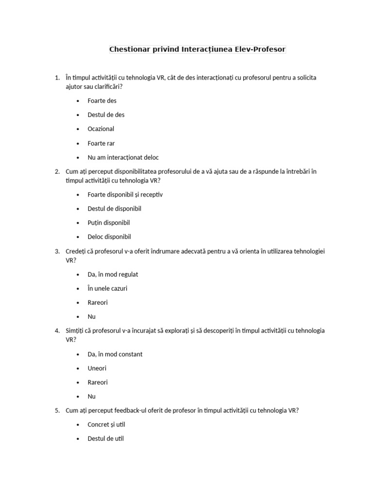 4 Chestionar Privind Interacțiunea Elev-Profesor | PDF