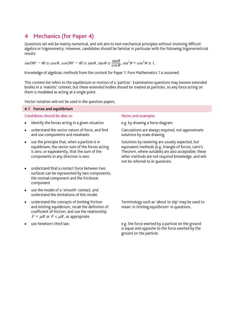 4 Mechanics (For Paper 4) : Sin Cos 90 Cos Sin 90 Tan Cos Sin Sin Cos 1 ...