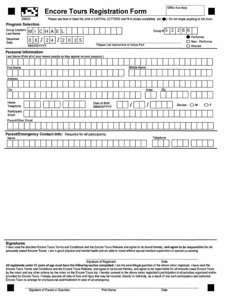 2025 MUSICIAN - Encore Tours Registration Form | PDF