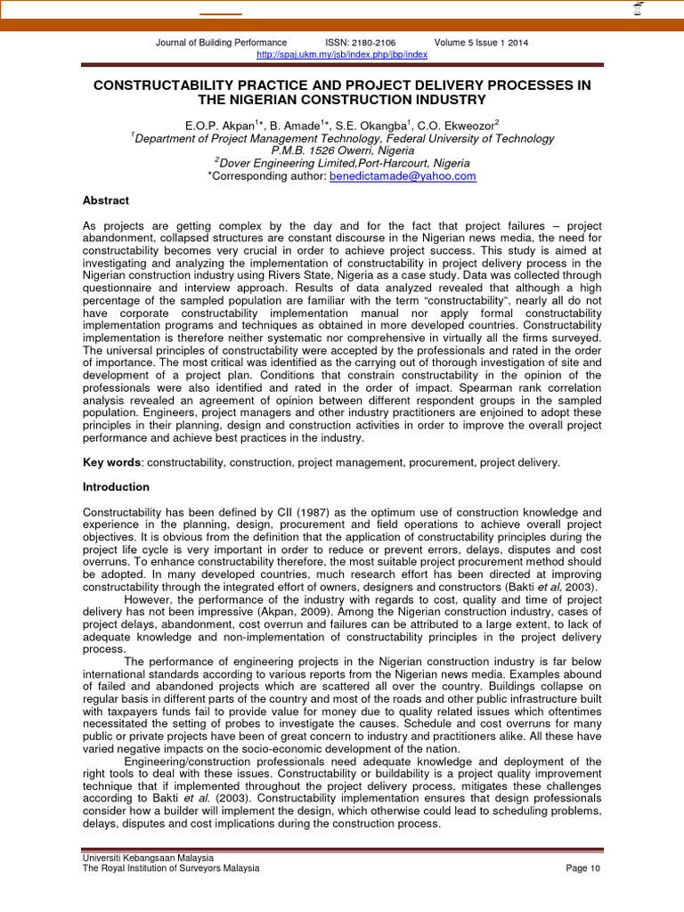 Constructability Practice and Project Delivery Processes in The Nigerian Construction Industry | PDF