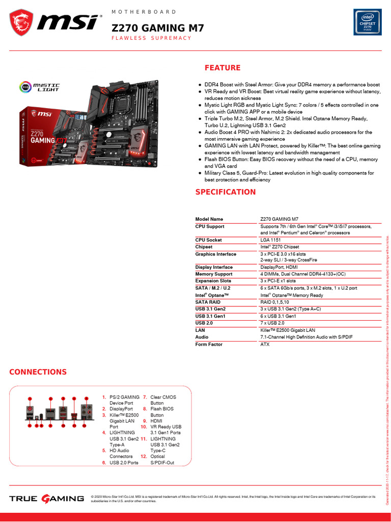 Msi z270 Gaming m7 Datasheet | PDF