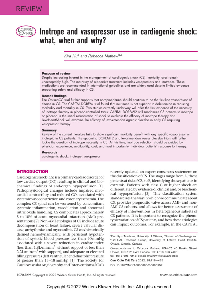 Inotrope and Vasopressor Use in Cardiogenic Shock What, When and | PDF