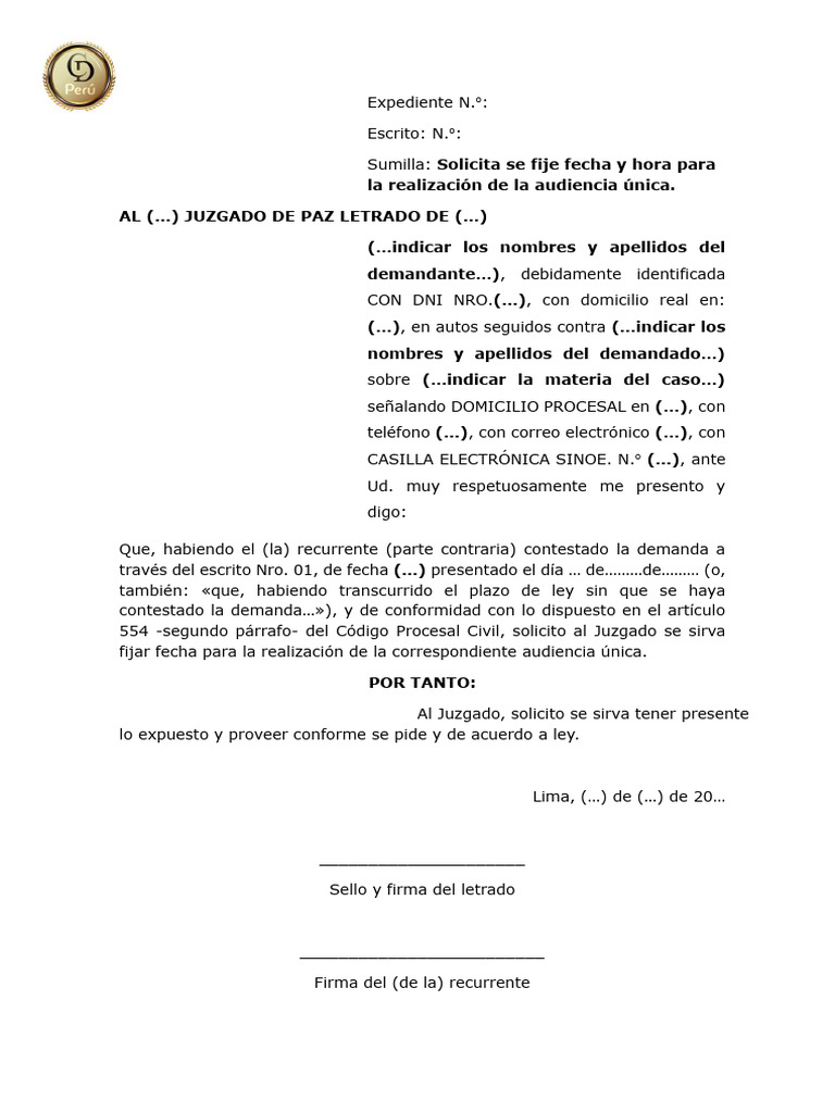 MODELO DE ESCRITO - Solicita Se Fije Fecha y Hora para La Realización de La Audiencia Única. | PDF
