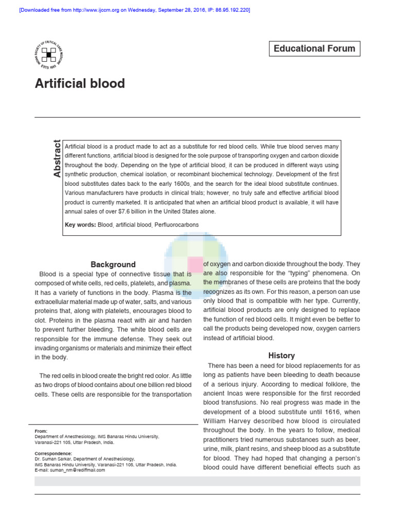 Artificial Blood | PDF