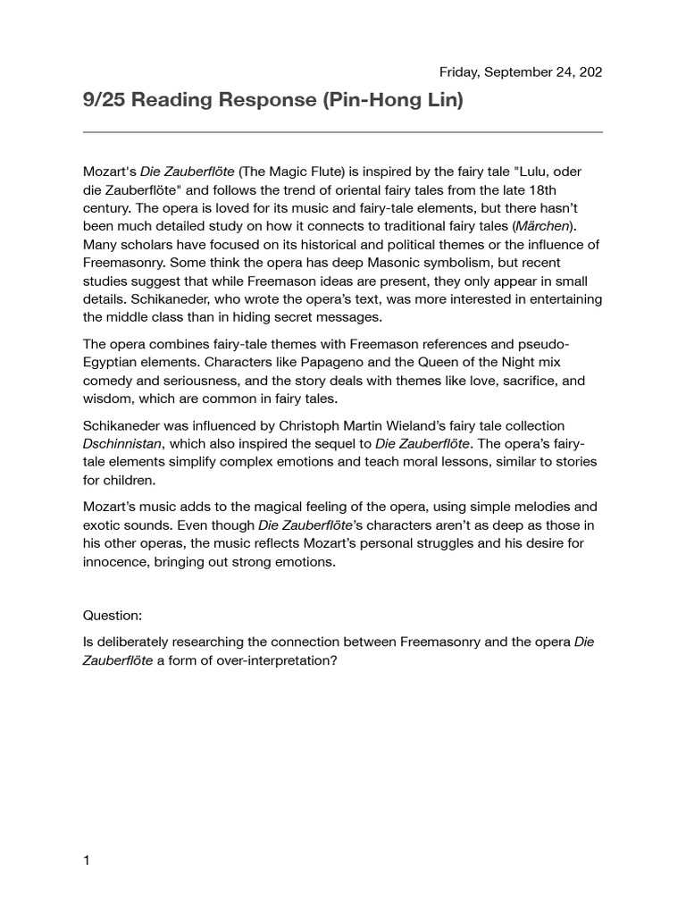 9/25 Reading Response (Pin-Hong Lin) : Die Zauberflöte | PDF