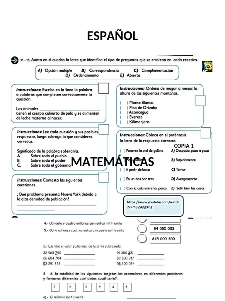 Ejercicios de Español y Matematicas Semana 1 Octubre | PDF